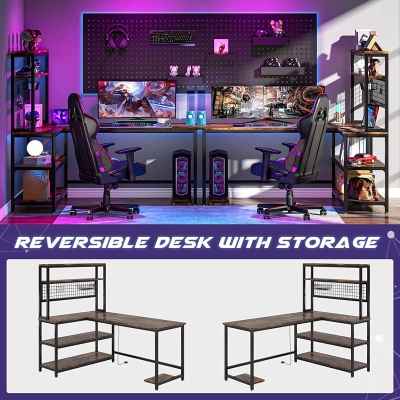 17 Stories Plovdiv 55" Large Computer Desk L-Shaped Desk with Wireless Charging and Bookshelf ...